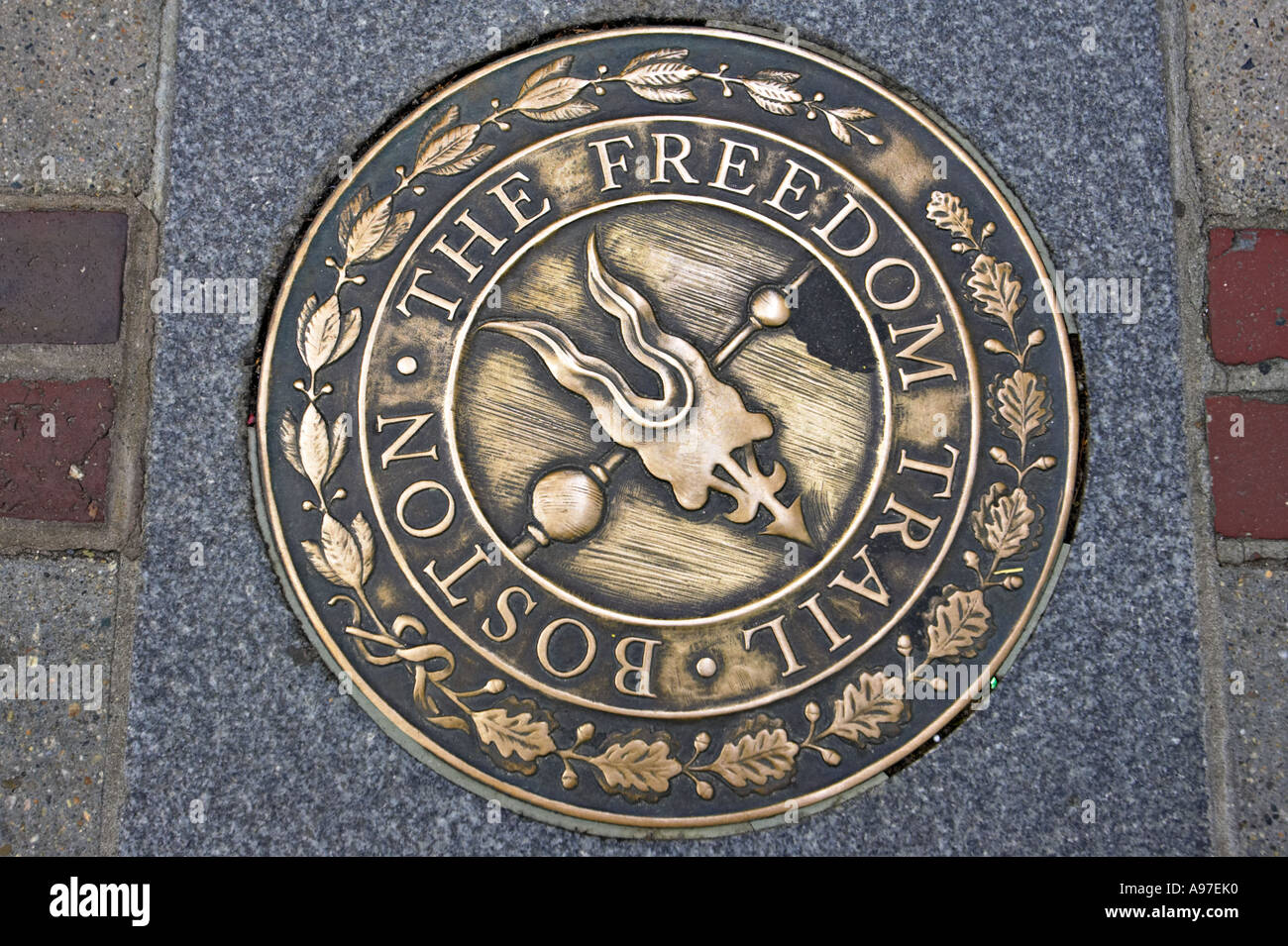 MASSACHUSETTS Boston Freedom Trail plaque embedded in sidewalk walk ...
