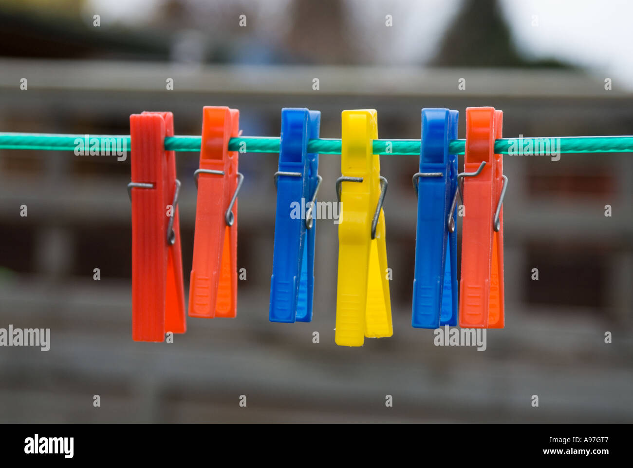 Colorful plastic clothes pegs on a washing line Stock Photo - Alamy