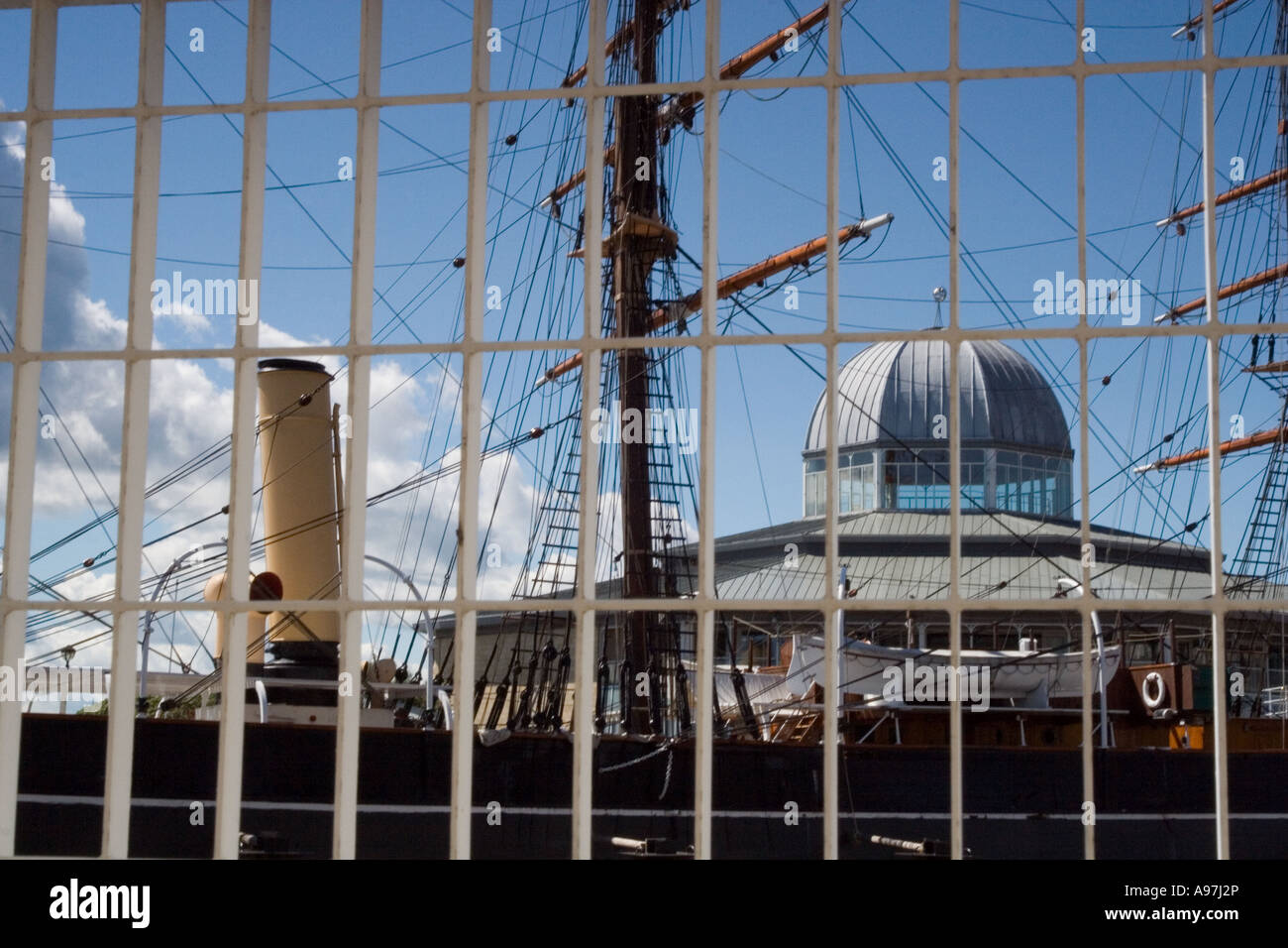 View of the RRS Discovery ship`s masts and white dome of the Discovery ...