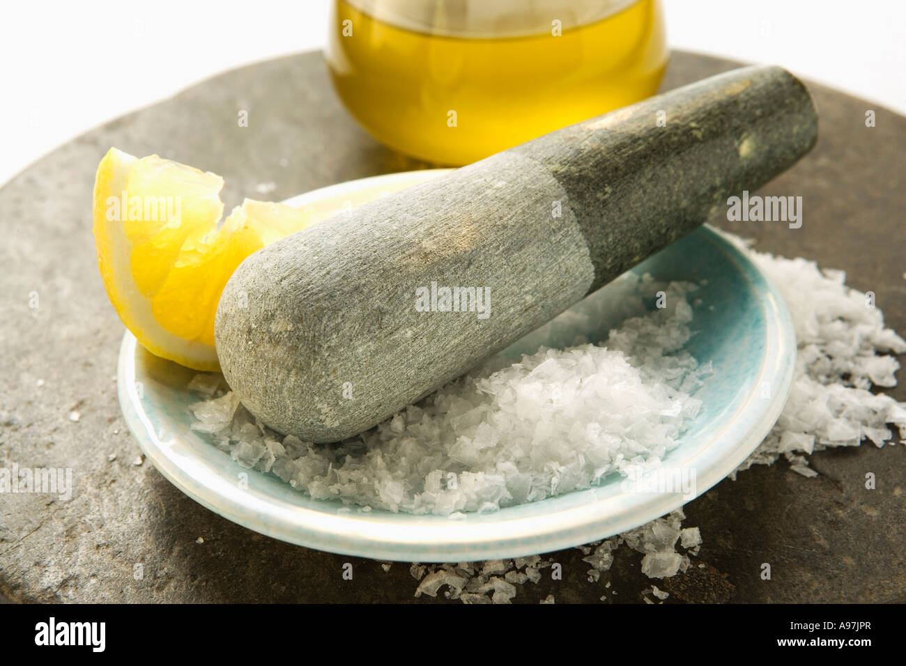 Coarse salt with pestle lemon and olive oil FoodCollection Stock Photo ...
