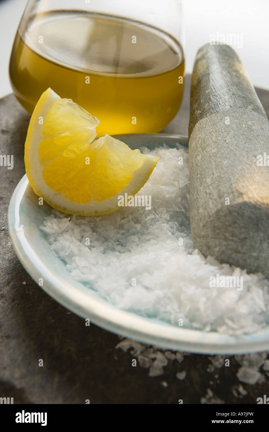 Coarse salt with pestle lemon and olive oil FoodCollection Stock Photo ...