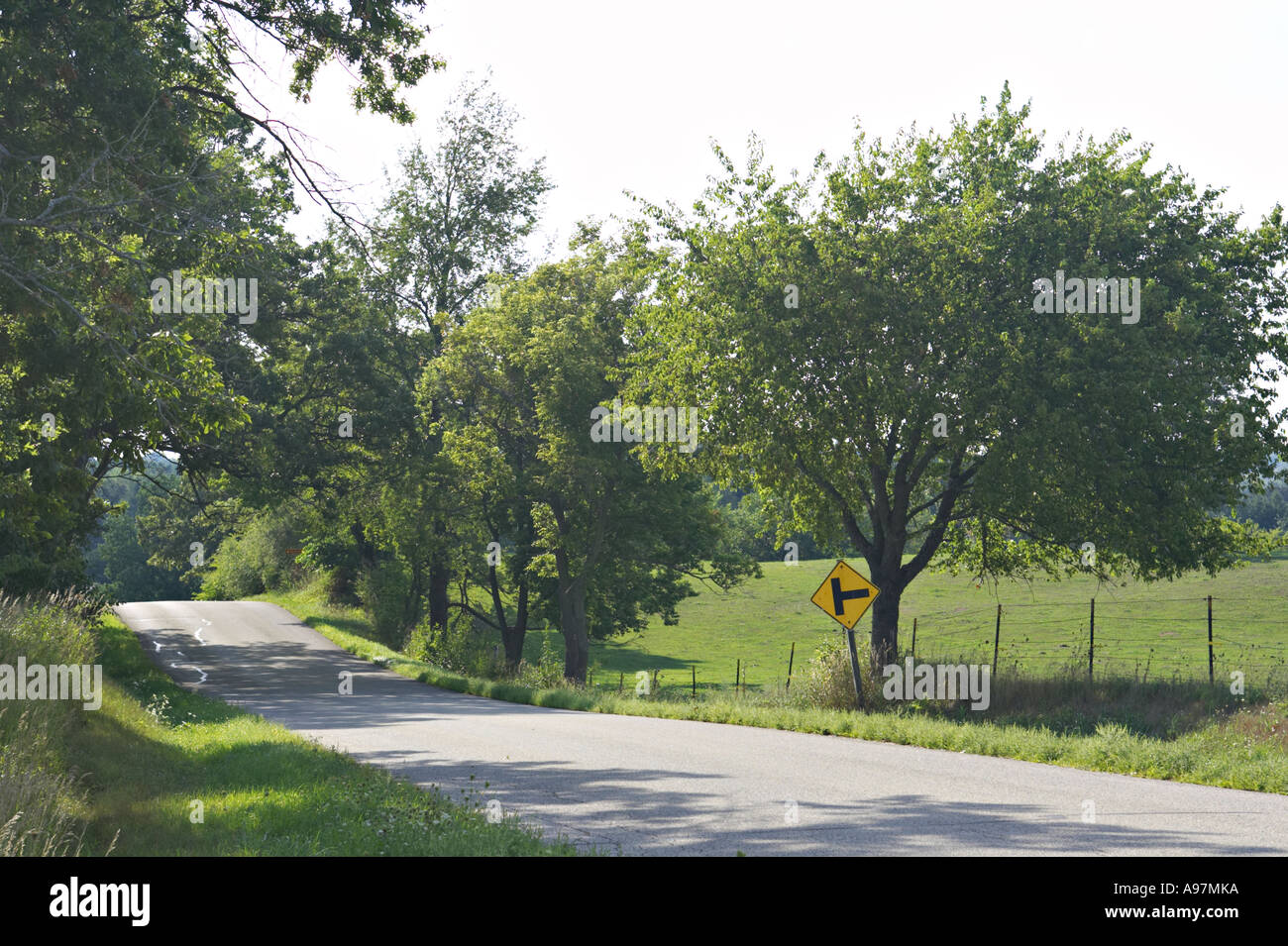 WISCONSIN Near Lake Geneva Country lane T intersection sign along side ...