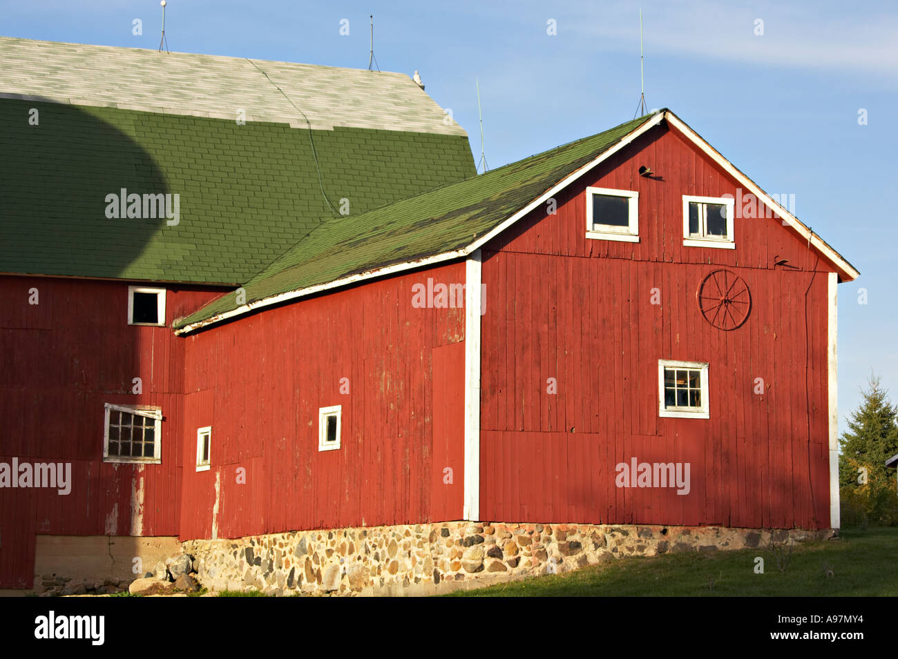 WISCONSIN Kenosha County Red barn with white trim stone foundation ...