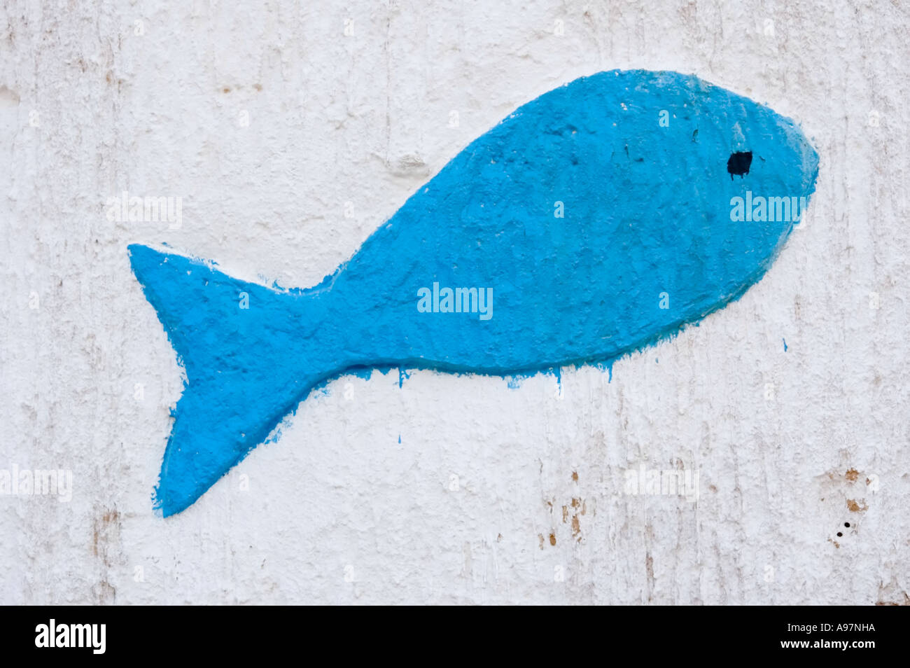 Traditional 'blue fish' decoration on the wall of a house in Matmata ...