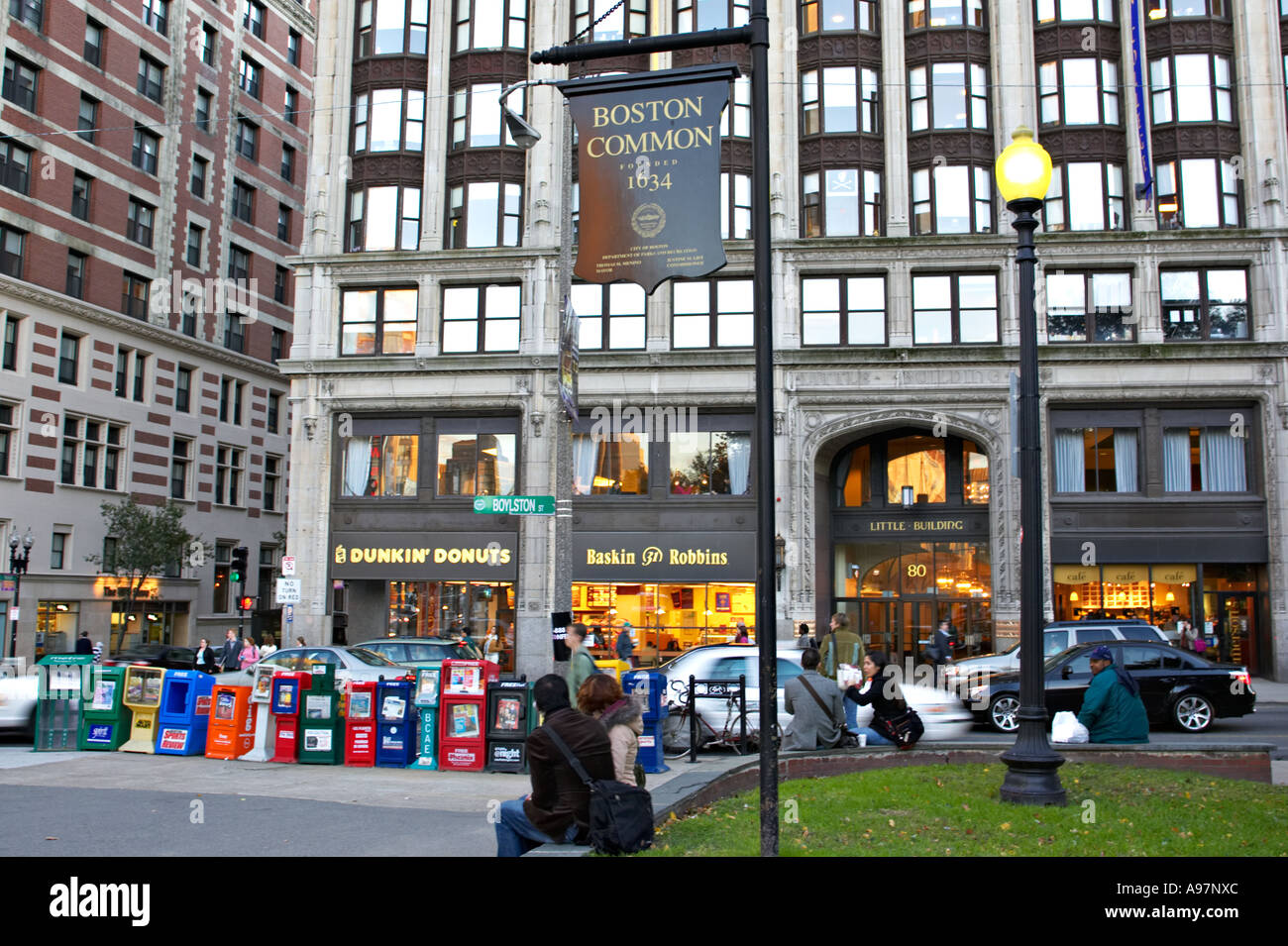 MASSACHUSETTS Boston Boston Common sign along Bolyston Street shops and ...