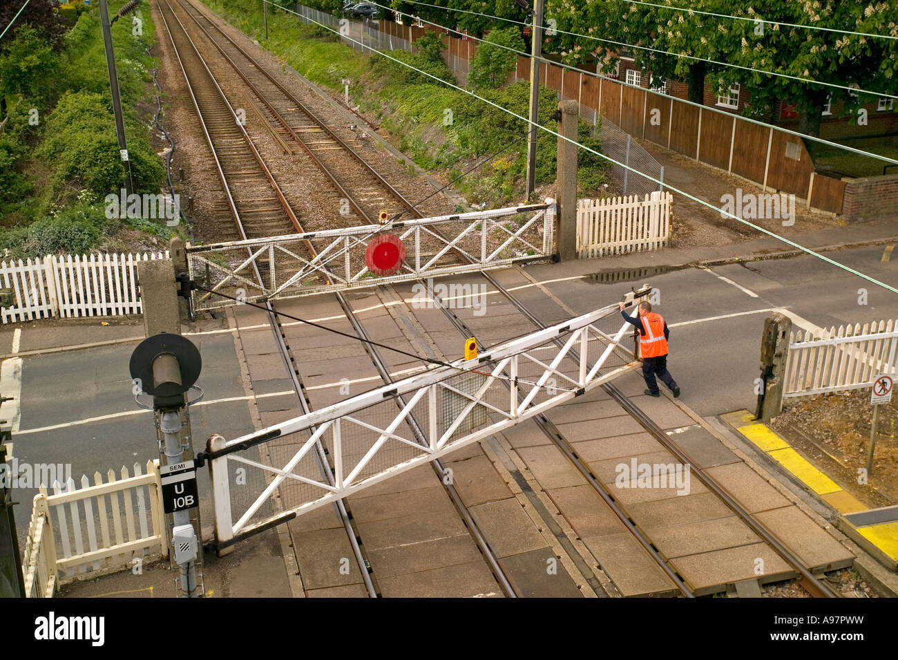 man opening a gate at a manned rail crossing Stock Photo - Alamy