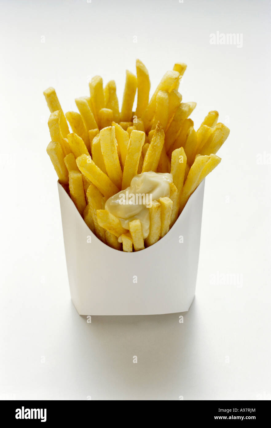 Chips with mayonnaise in white fast food box FoodCollection Stock Photo ...