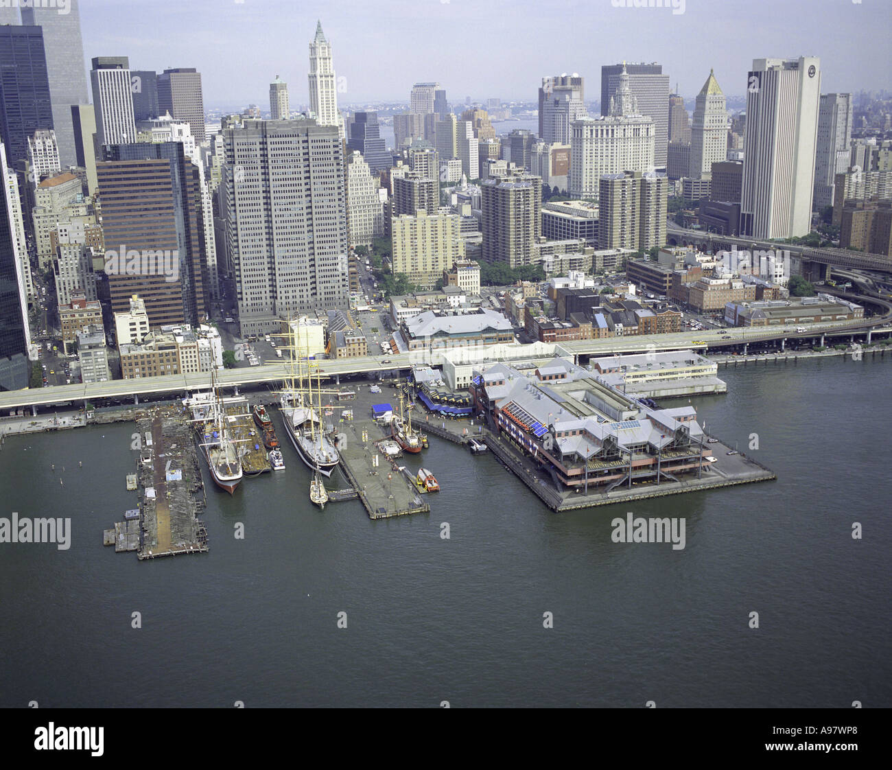 Aerial view of South Street Seaport and Museum, lower Manhattan, New ...