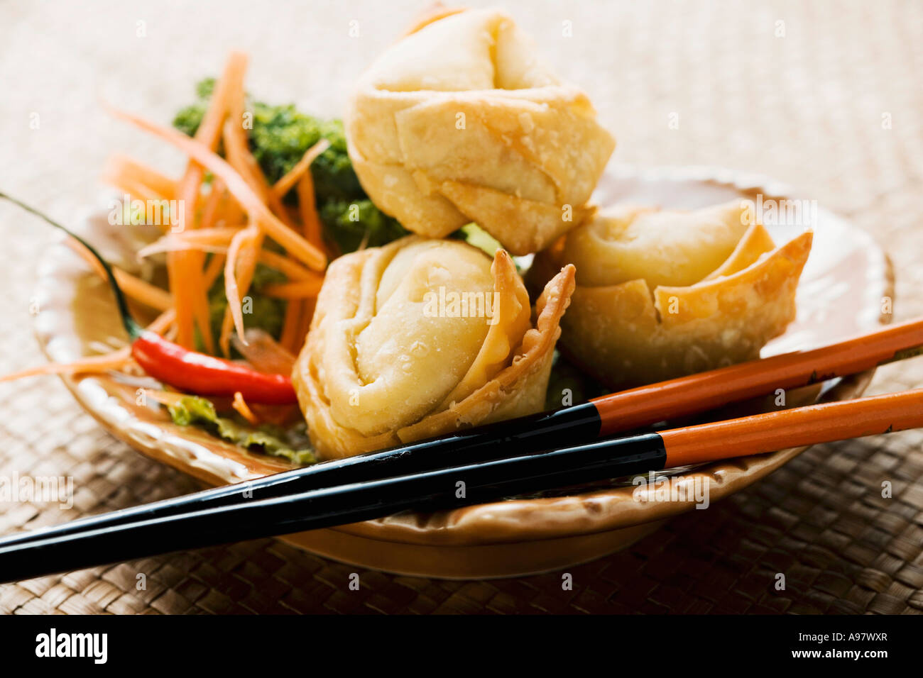 Deep fried wontons with salad FoodCollection Stock Photo - Alamy