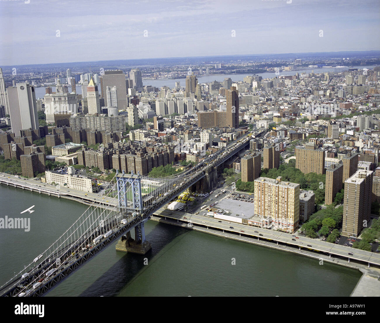 Aerial view of the Manhattan Bridge, located on the East River, New ...