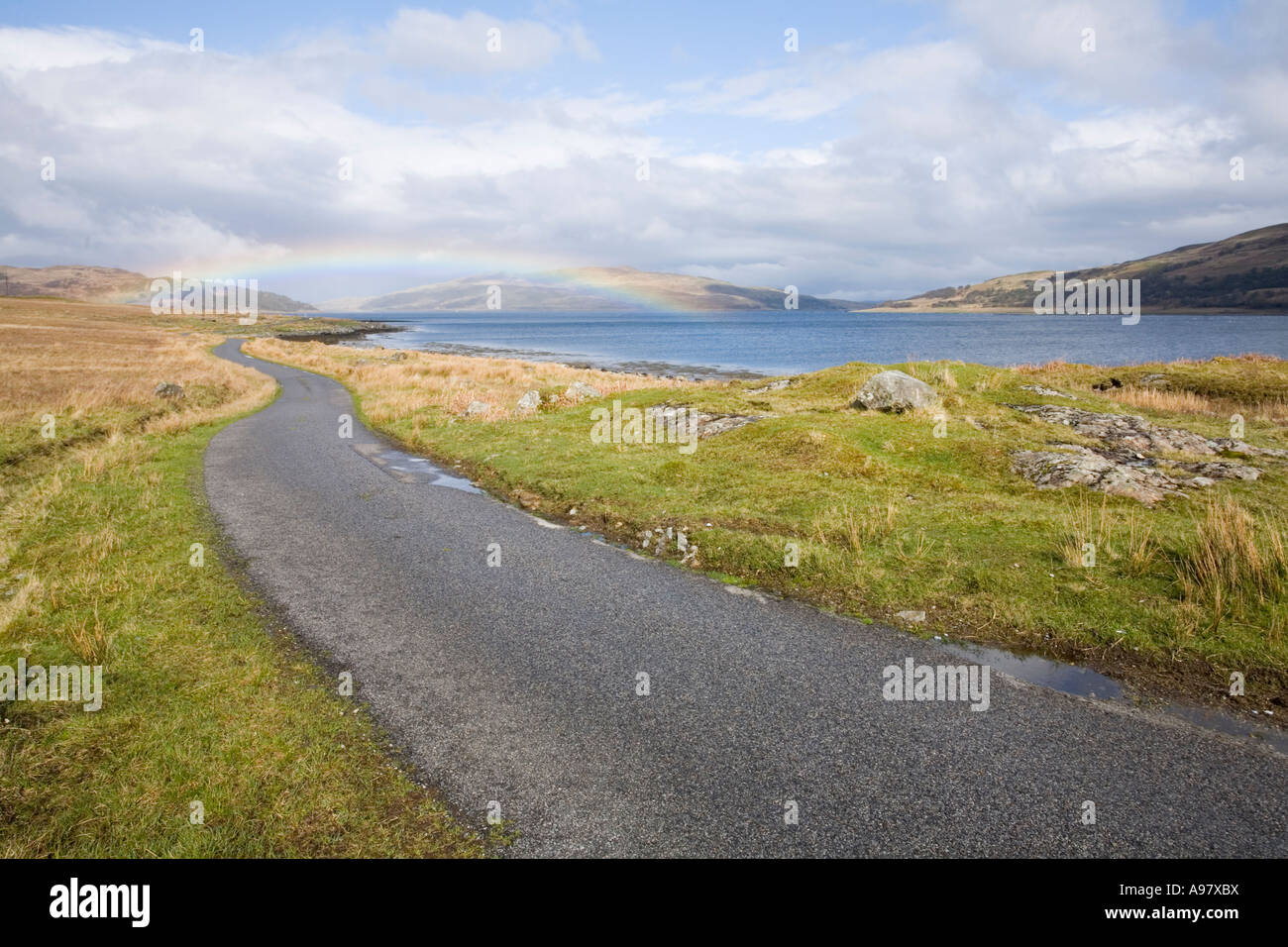 Rainbow over Loch Spelve and isolated road, Isle of Mull, Scotland ...