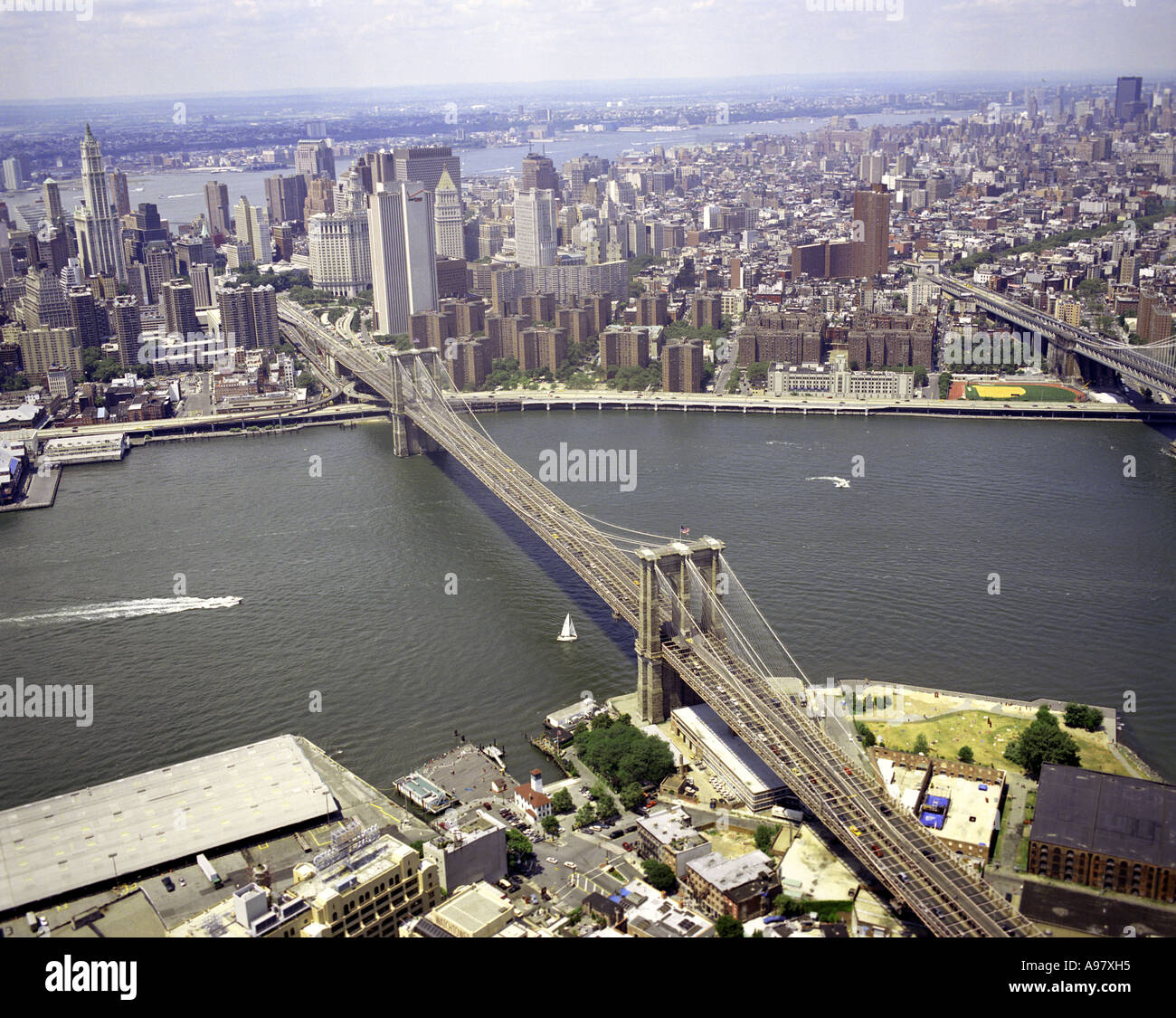 Aerial view of the Brooklyn Bridge, located on the East River, New York ...