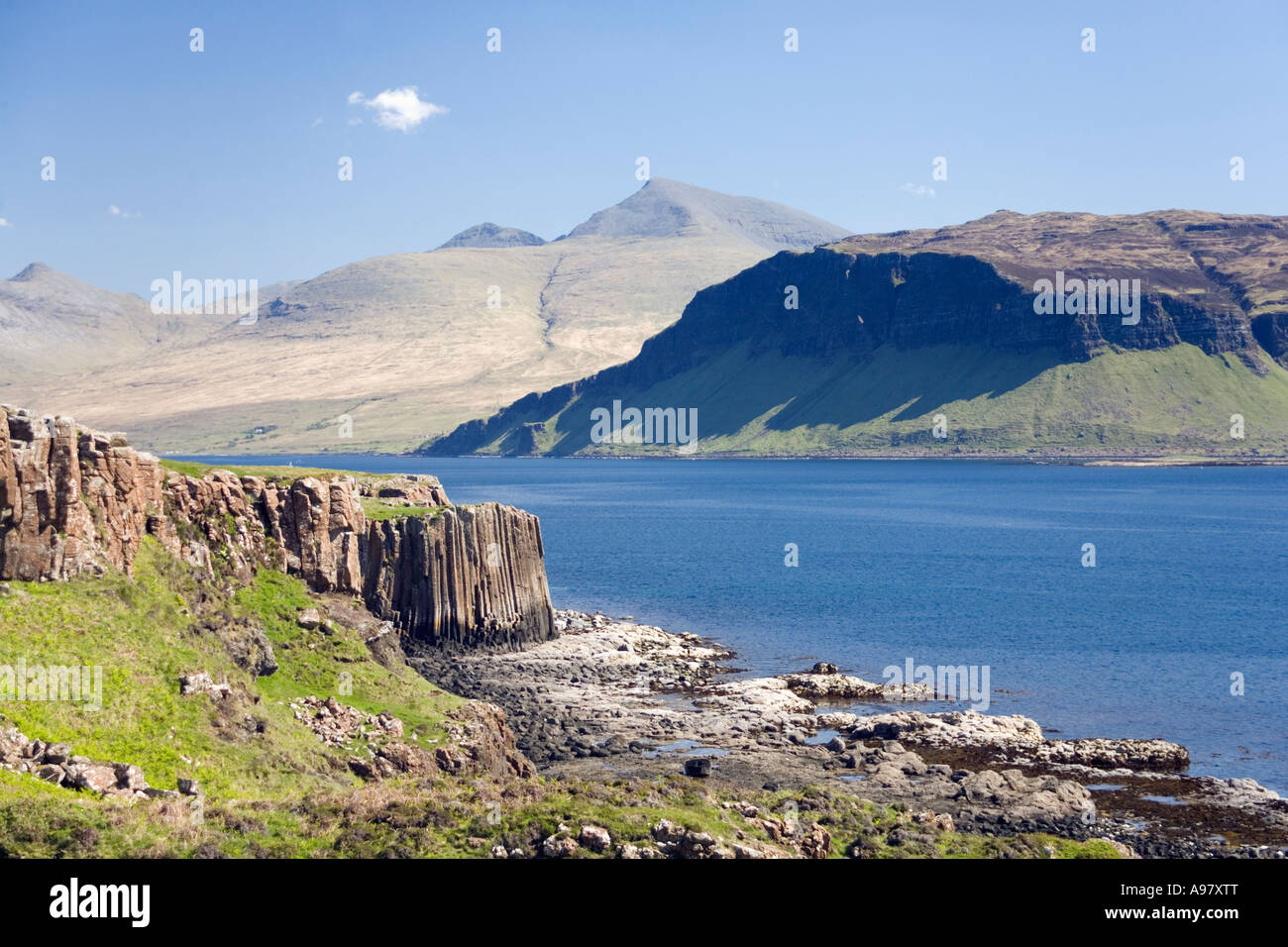 Basalt columns on the Isle of Ulva with Ben More and Loch na Keall in ...