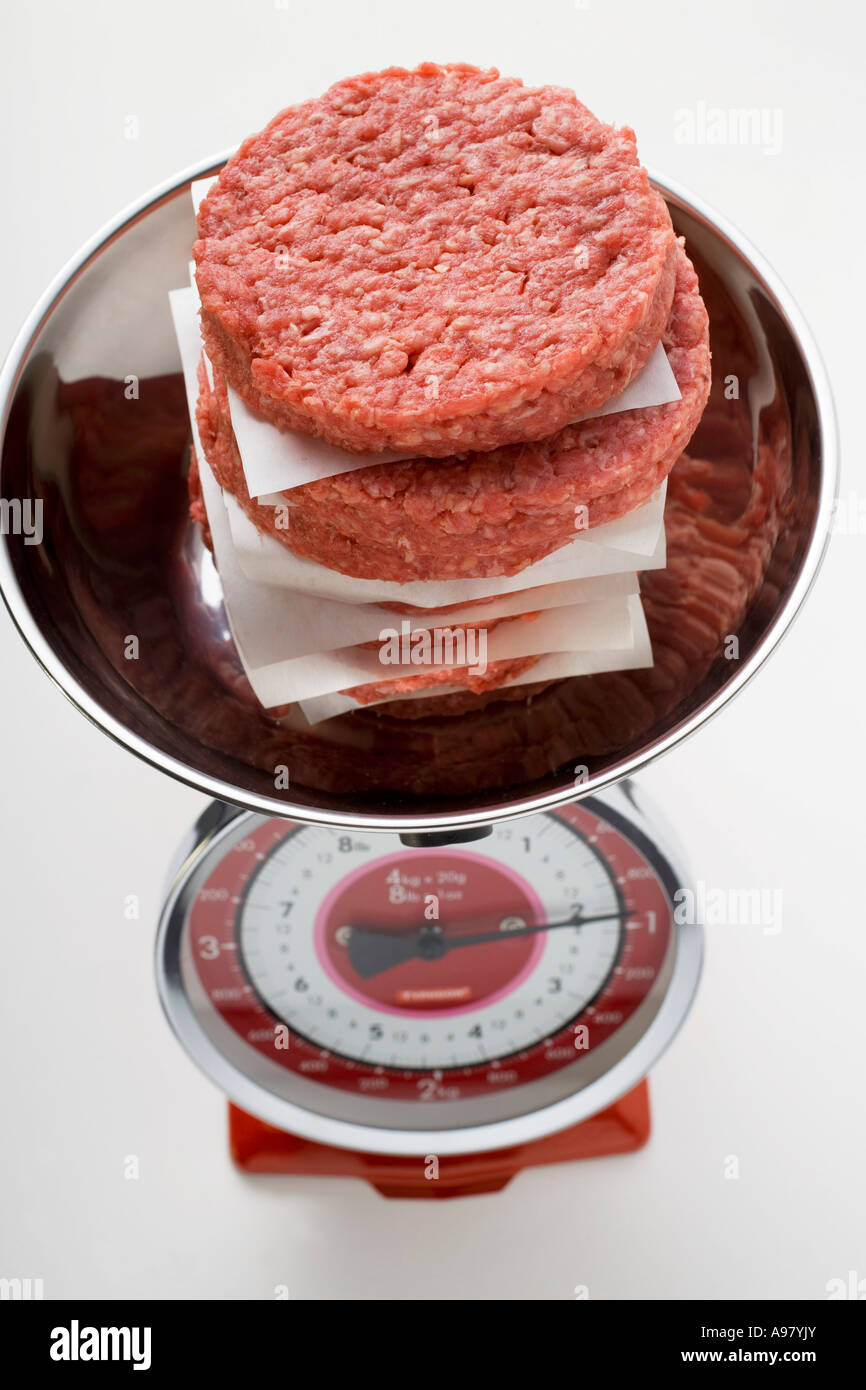 A pile of raw burgers for hamburgers on kitchen scales FoodCollection ...