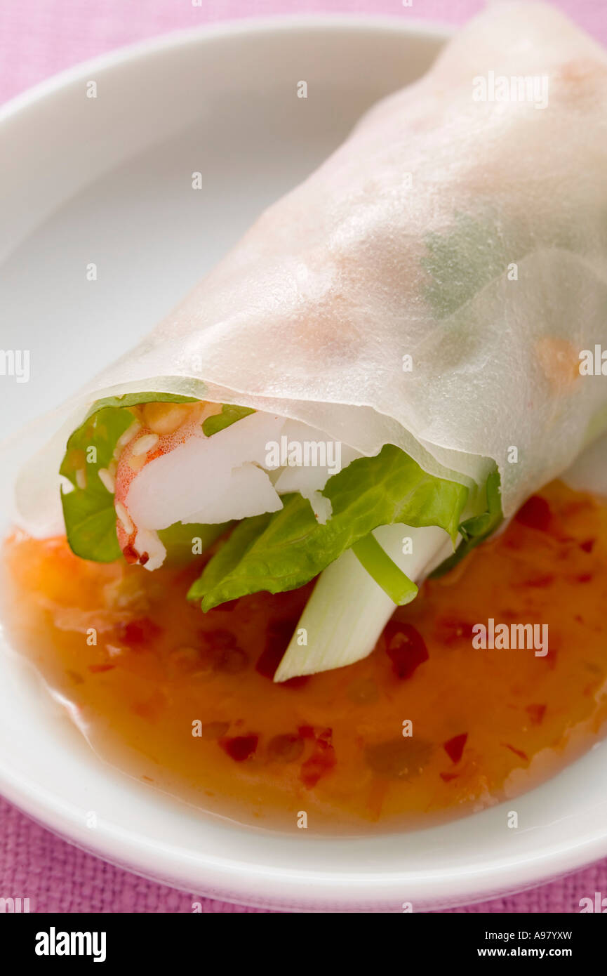 Rice paper roll with giant river prawn and chili sauce FoodCollection ...