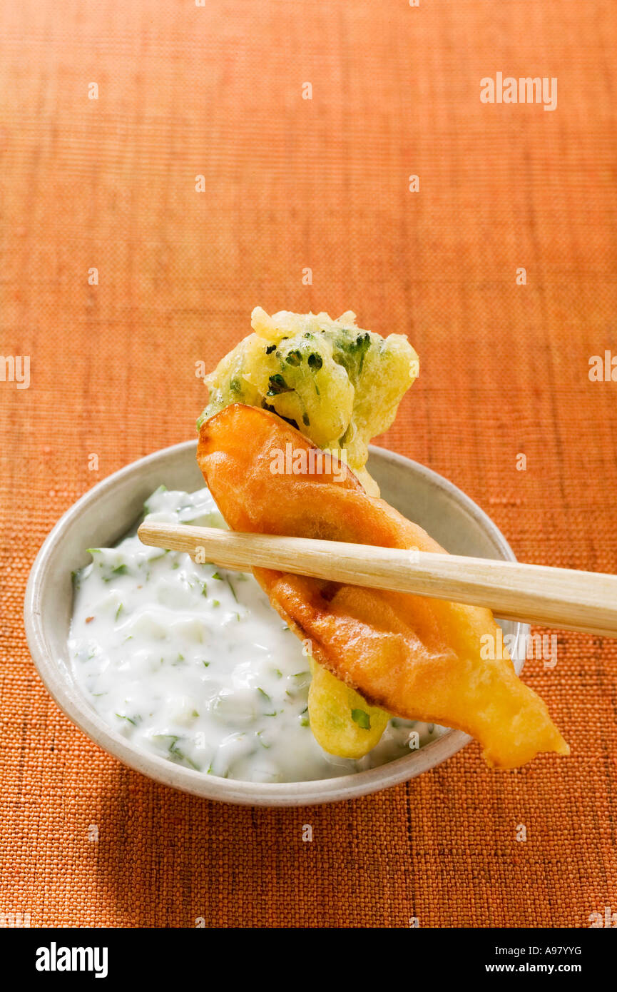 Deep fried vegetables with yoghurt dip FoodCollection Stock Photo - Alamy