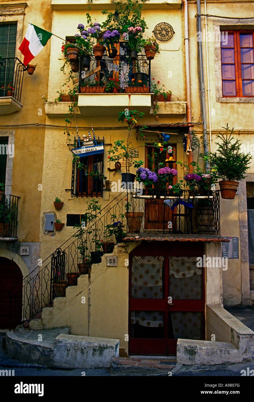 facade of house, house, Taormina, Messina Province, Sicily, Italy ...
