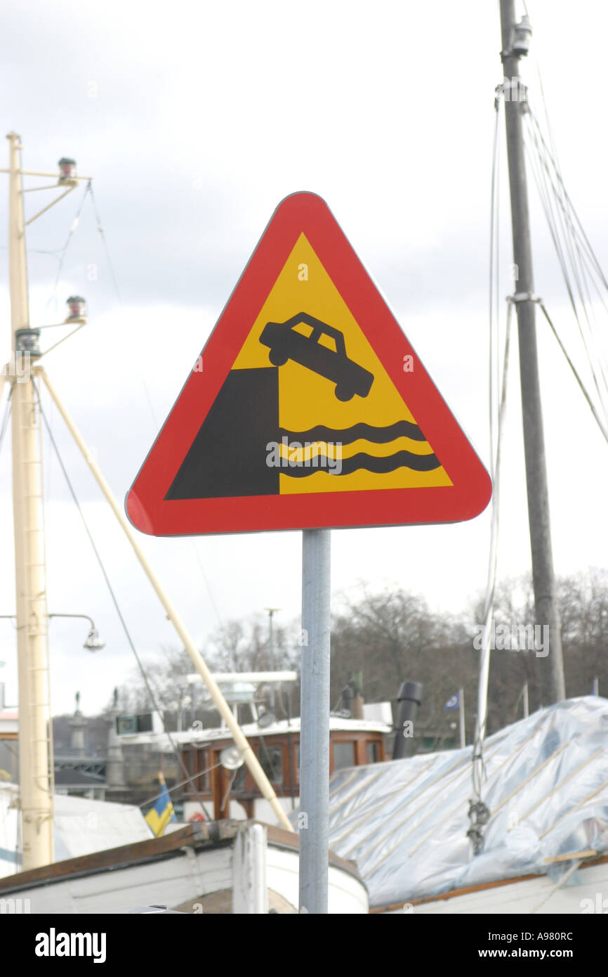 A traffic warning sign in the harbour of Stockholm Sweden Stock Photo ...