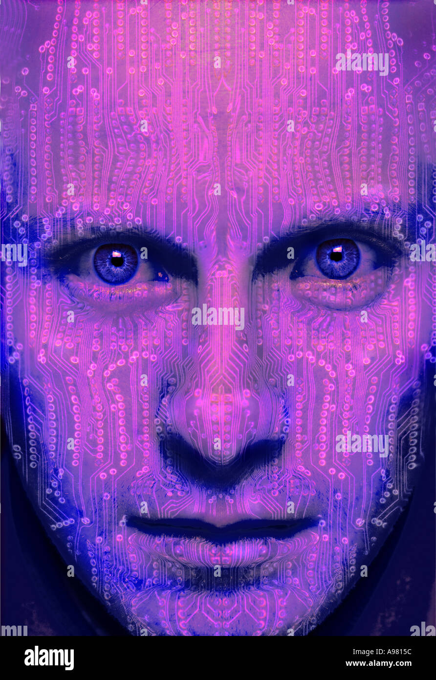 ROBOTIC MALE FACE COMBINED WITH PRINTED CIRCUIT BOARD Stock Photo - Alamy