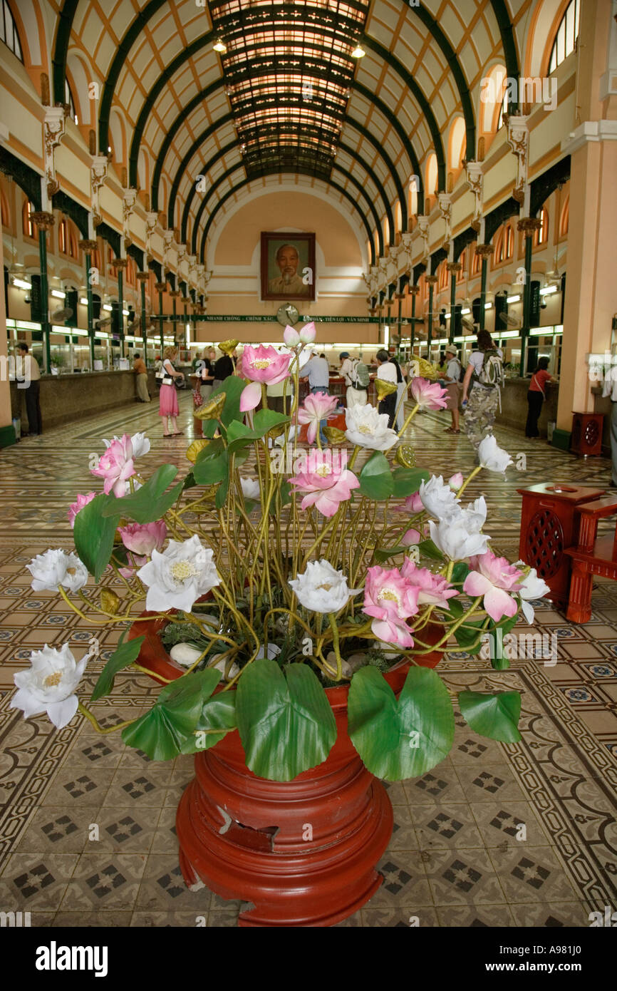 Interior of French Colonial Post Office with lotus blossoms, Ho Chi ...