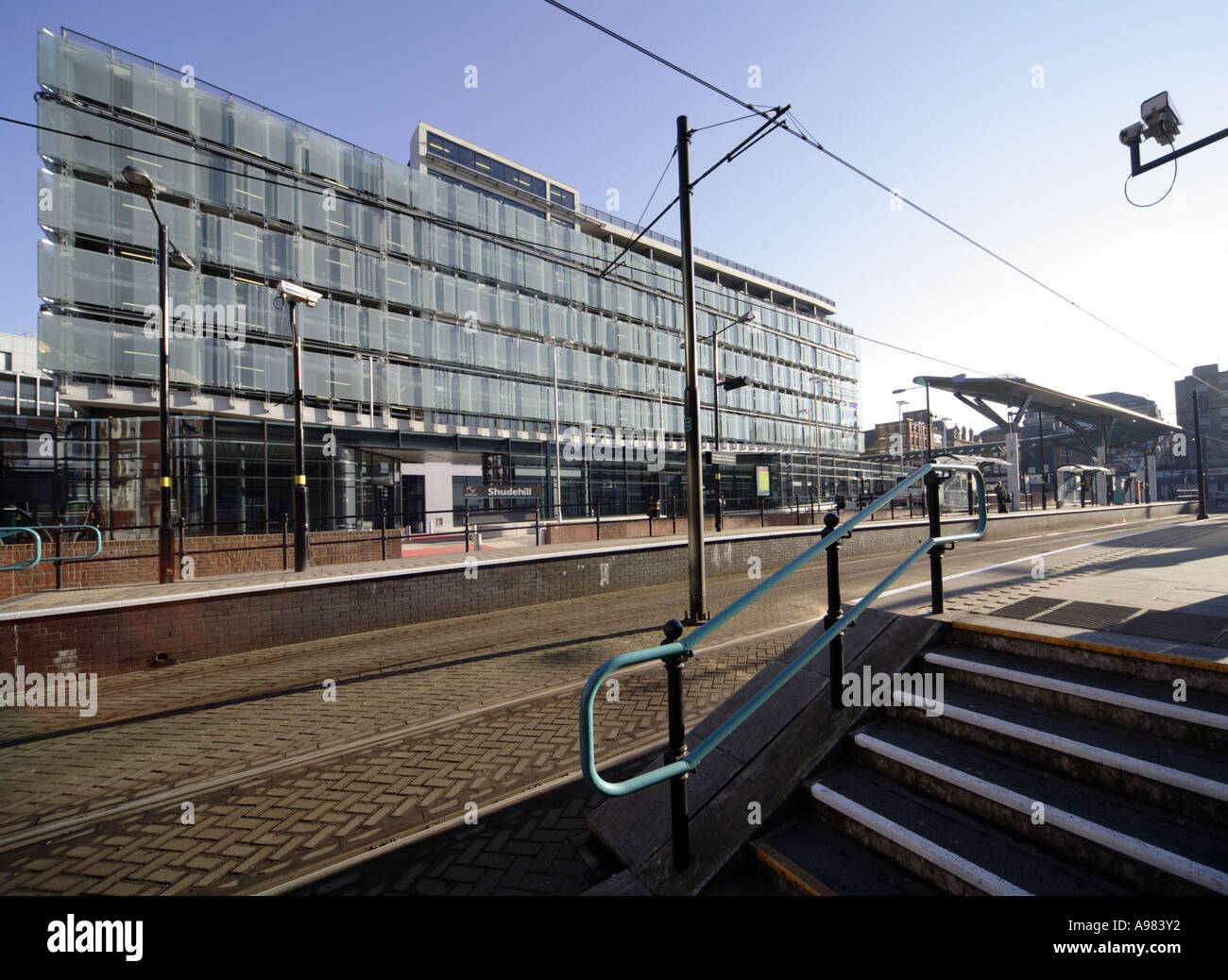 View of the tram platform and the Shudehill Interchange in the Northern ...
