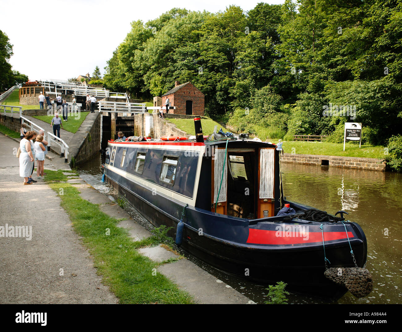 CANAL BARGE PASSING THROUGH FIVE RISE LOCKS BINGLEY YORKSHIRE ENGLAND ...