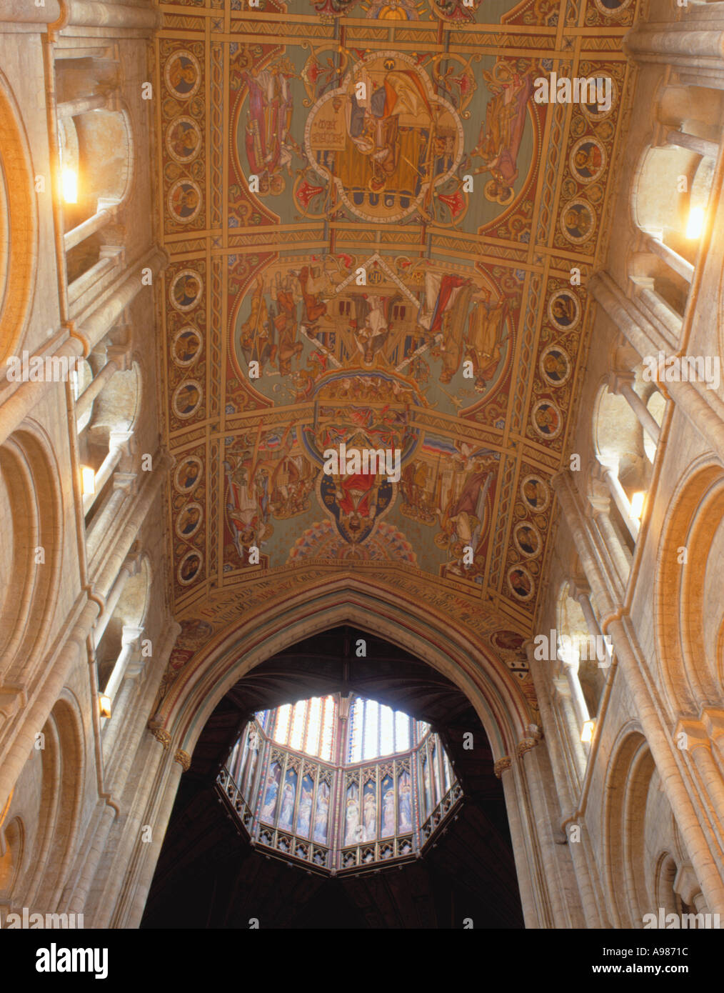 Brightly coloured Victorian painted wood panel ceiling to nave of Ely ...