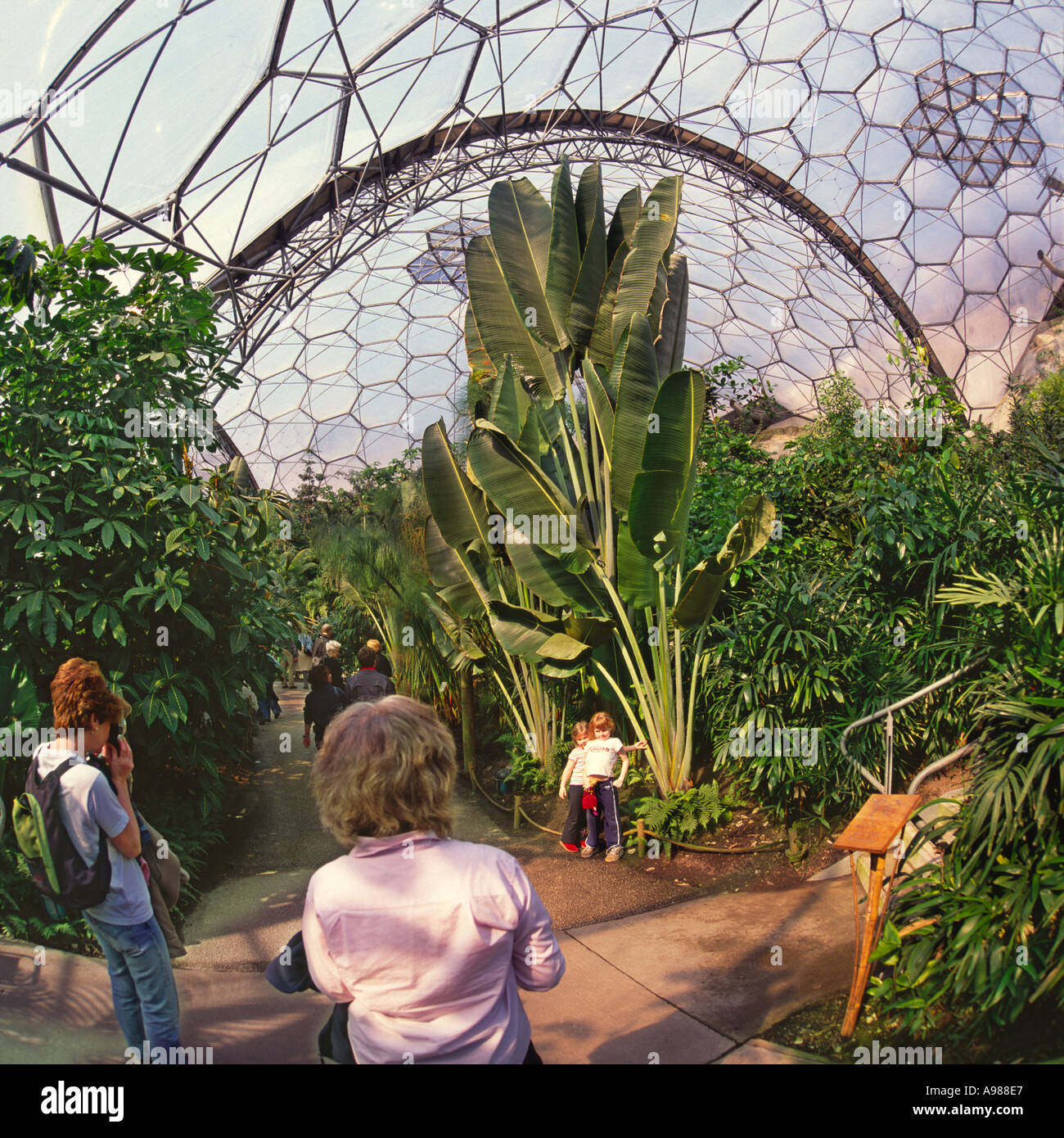 Women with children inside Humid Tropics Biome dome of The Eden Project ...
