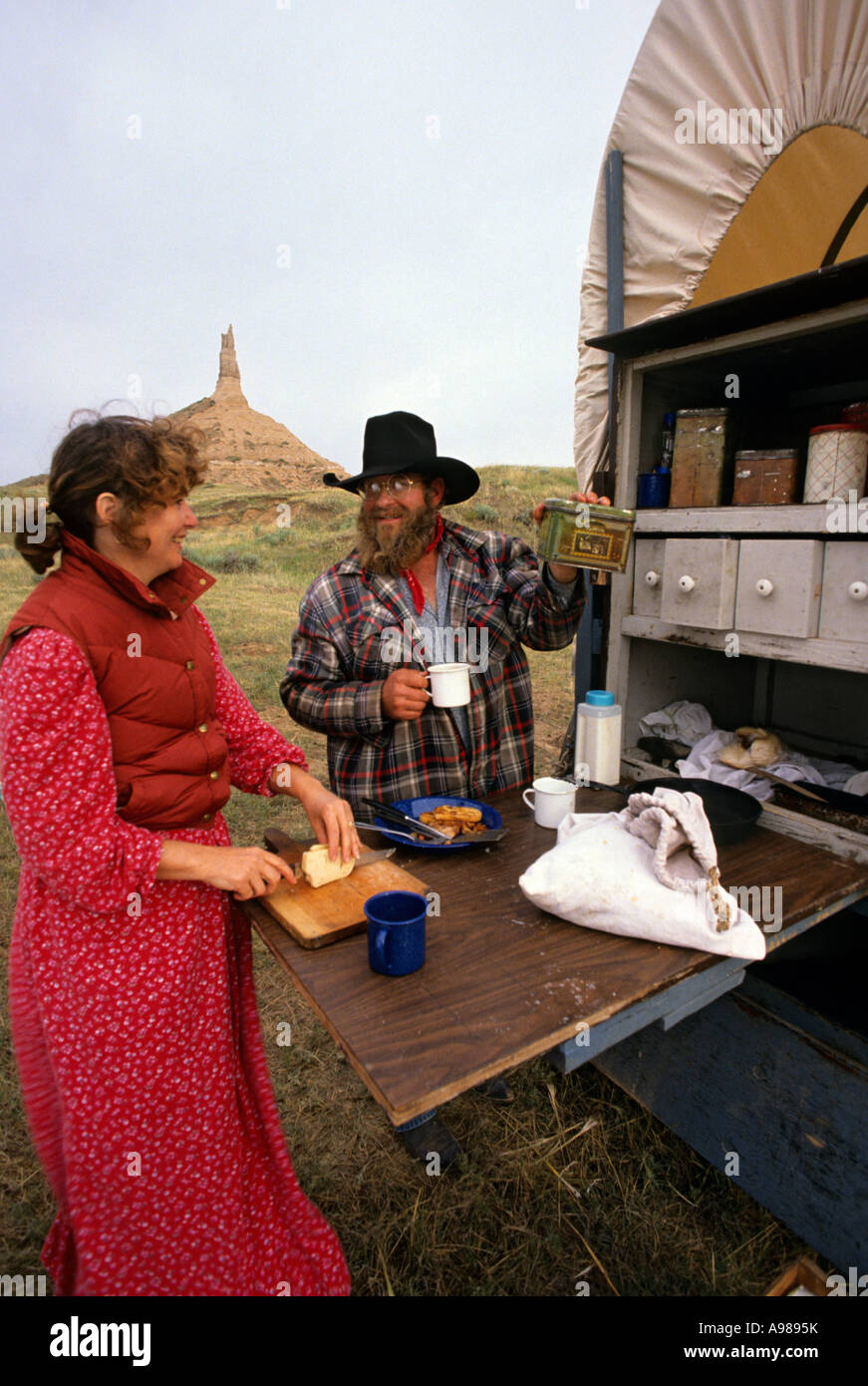 MAKING BREAKFAST NEAR CHIMNEY ROCK. OREGON TRAIL WAGON TRAIN TRIP ...