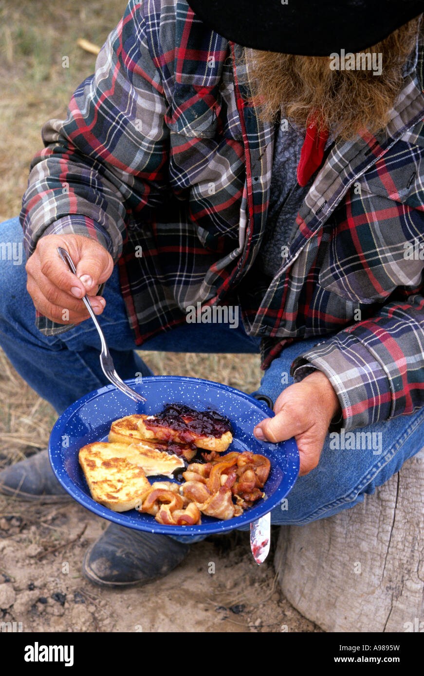 COWBOY EATS BREAKFAST OF SOURDOUGH FRENCH TOAST AND BACON. OREGON TRAIL ...