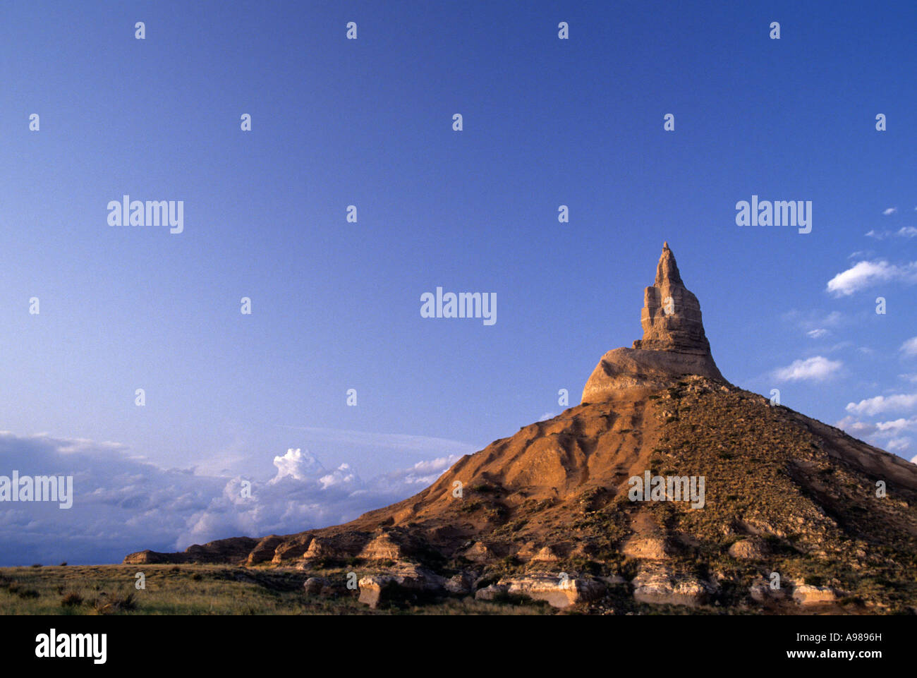 CHIMNEY ROCK, OREGON TRAIL LANDMARK AGAINST SUMMER SKY. NEAR BAYARD ...