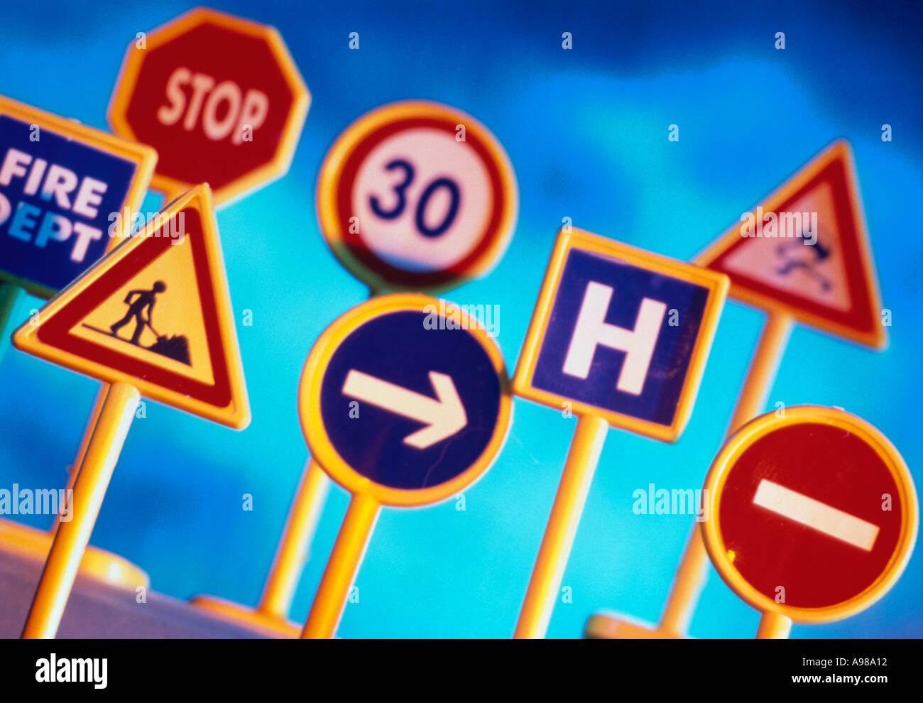 Various warning signs and directional signs Stock Photo - Alamy