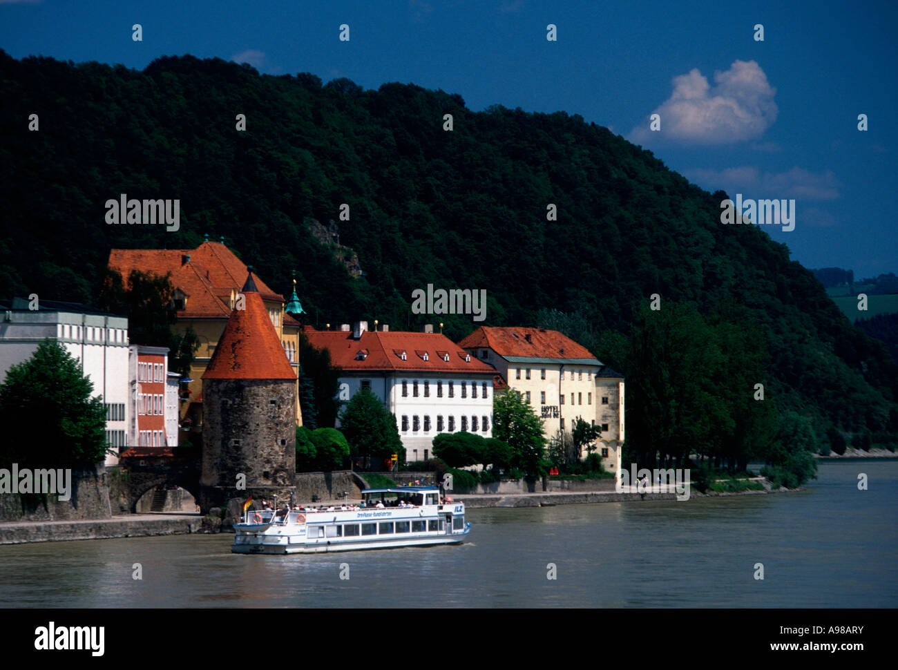Passenger cruise ship architecture along Danube River Passau Bavaria ...