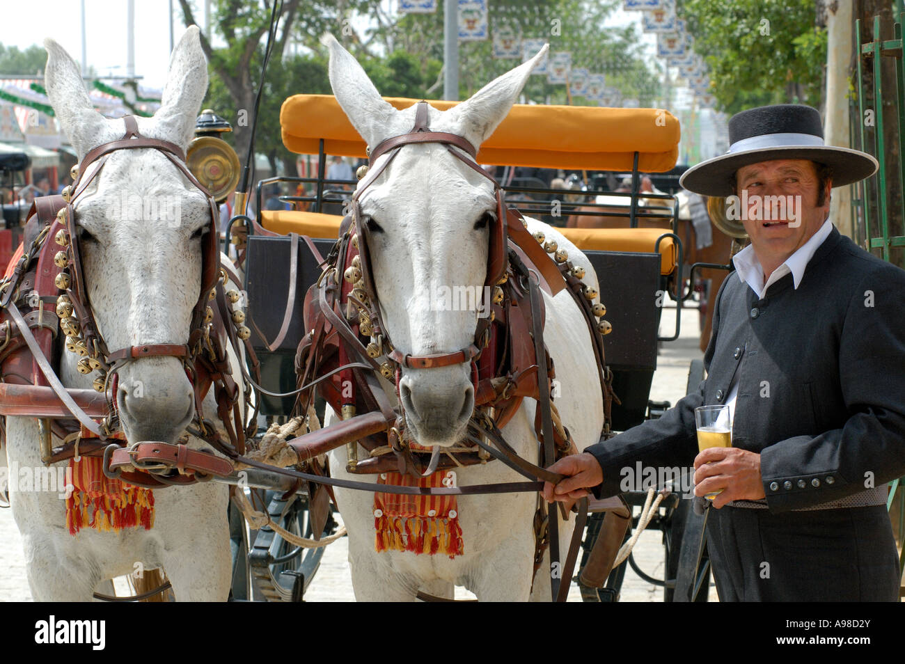 Cart driver with horses taking a break during Feria de Abril, Seville ...