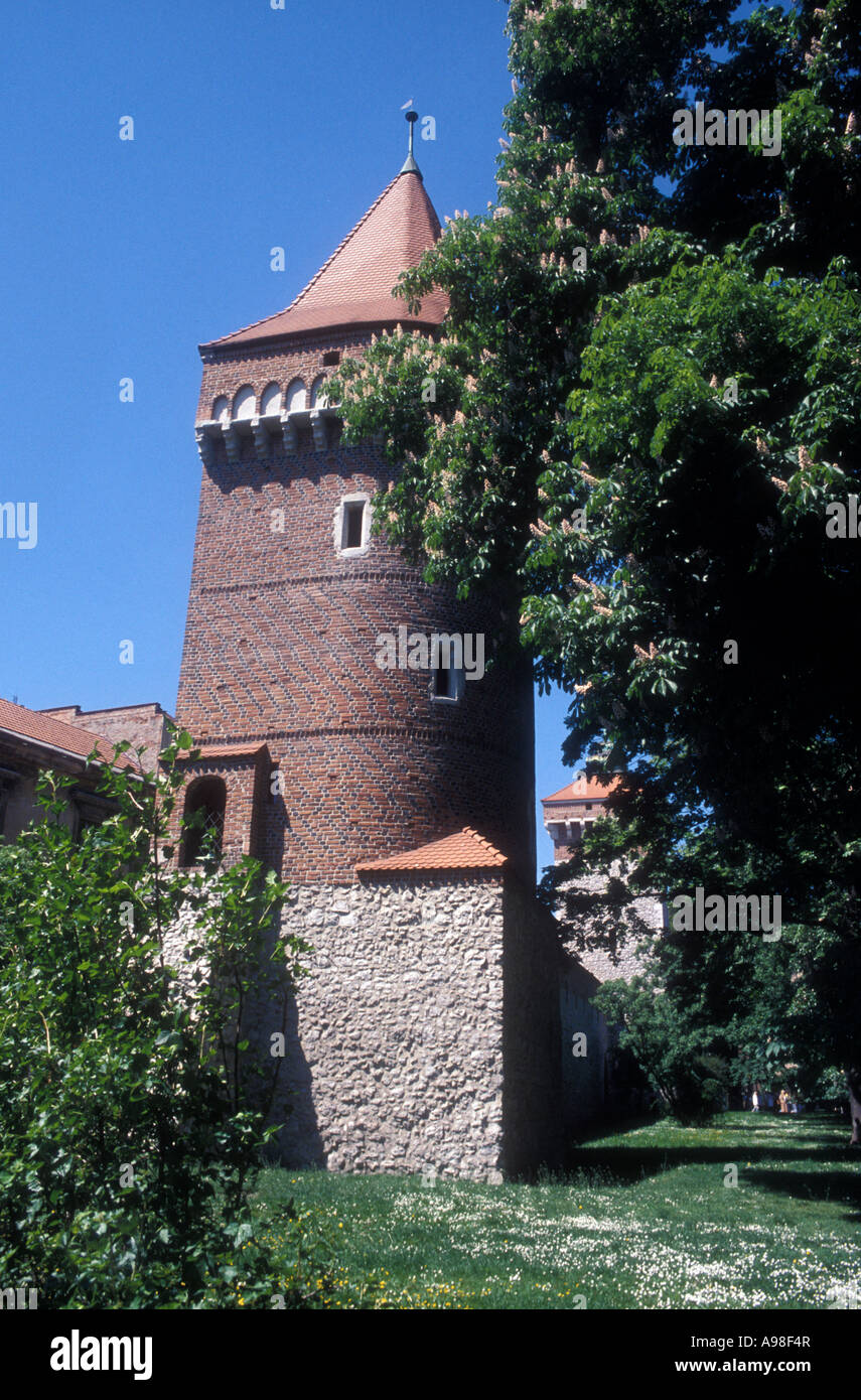 Tower with pointed roof and section of medieval defense wall built in ...