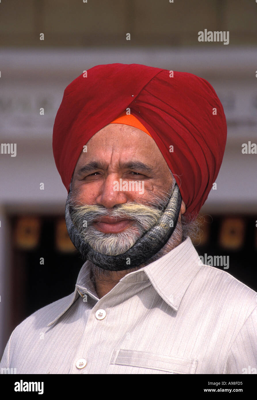Sikh man wearing turban outside Sikh Gurdwara or temple, Hounslow ...