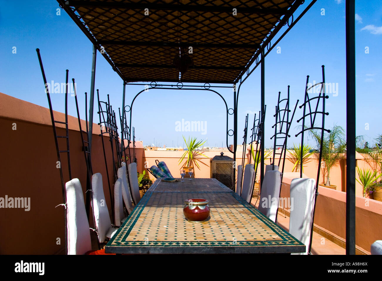 Rooftop terrace of a riad in the Medina of Marrakech in Morocco North ...