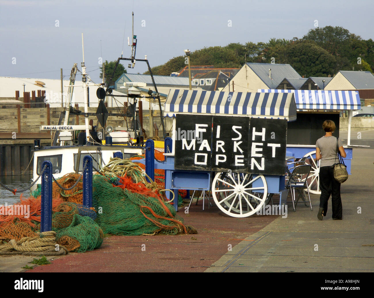 Fish Market Stall on Quayside of Whitstable Harbour, Kent, England, UK ...