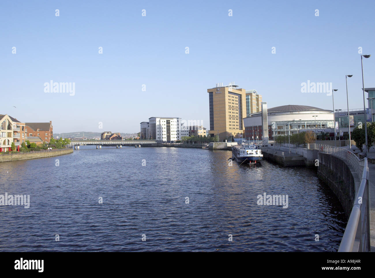River Lagan Belfast. Waterfront Hall and Hilton Hotel can be seen in ...