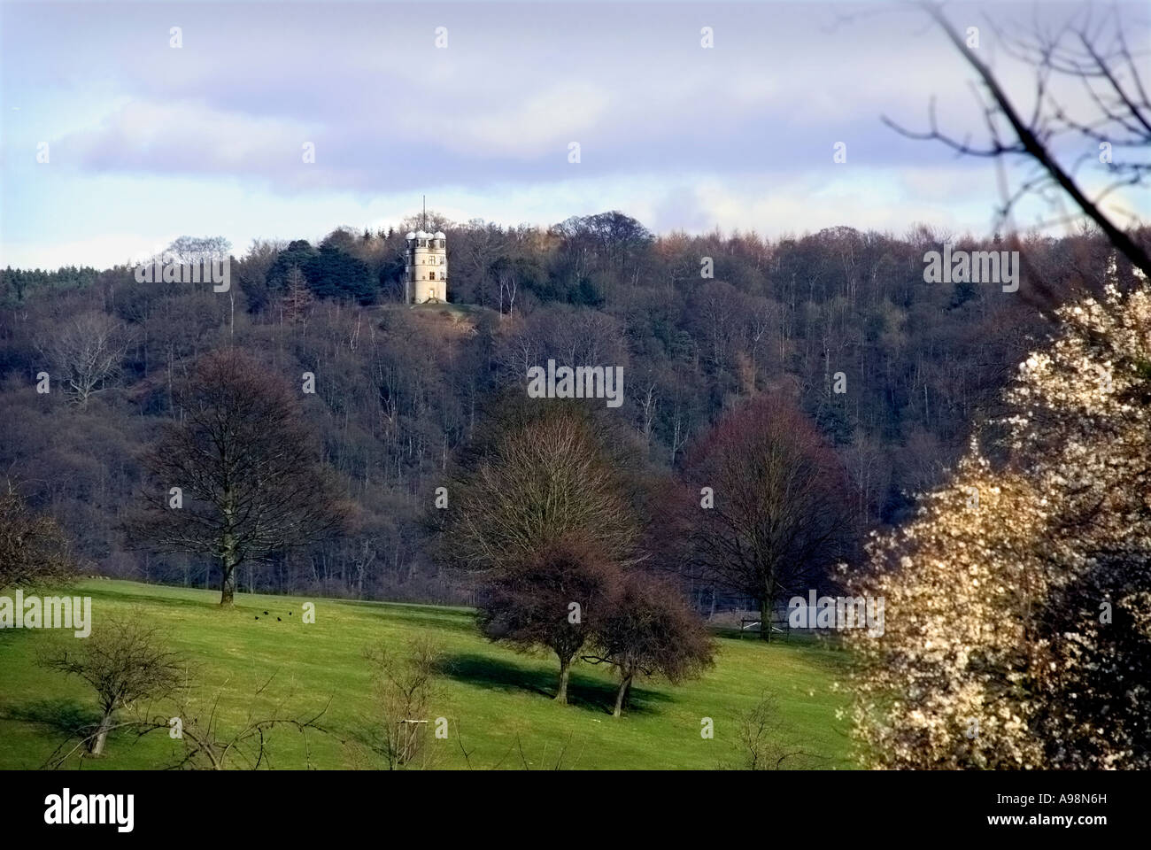 Chatsworth Estate Hunting Tower from Edensor Village, Peak District ...