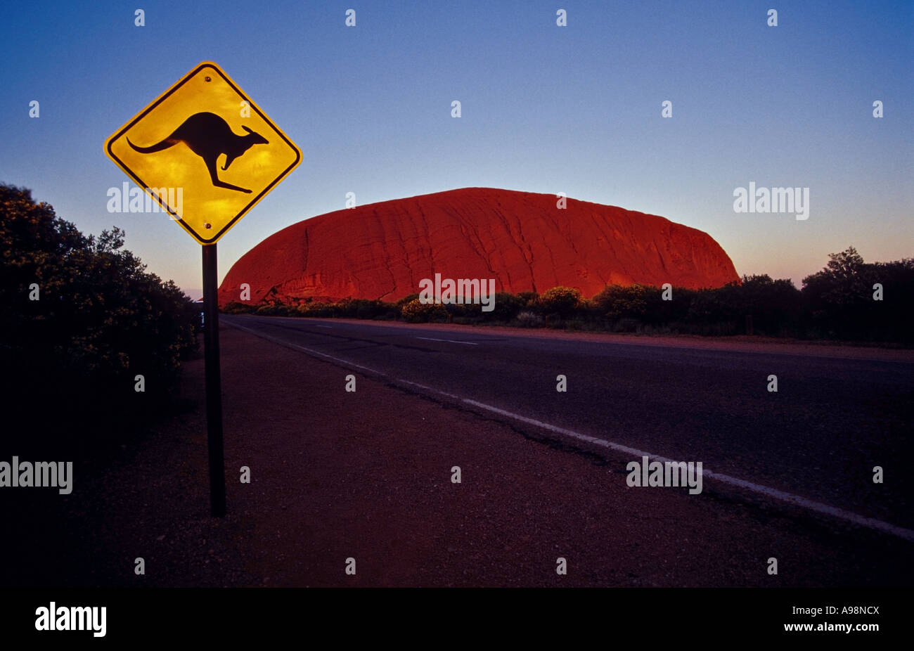 Kangaroo road sign and Ayers Rock (Uluru), Northern Territories ...