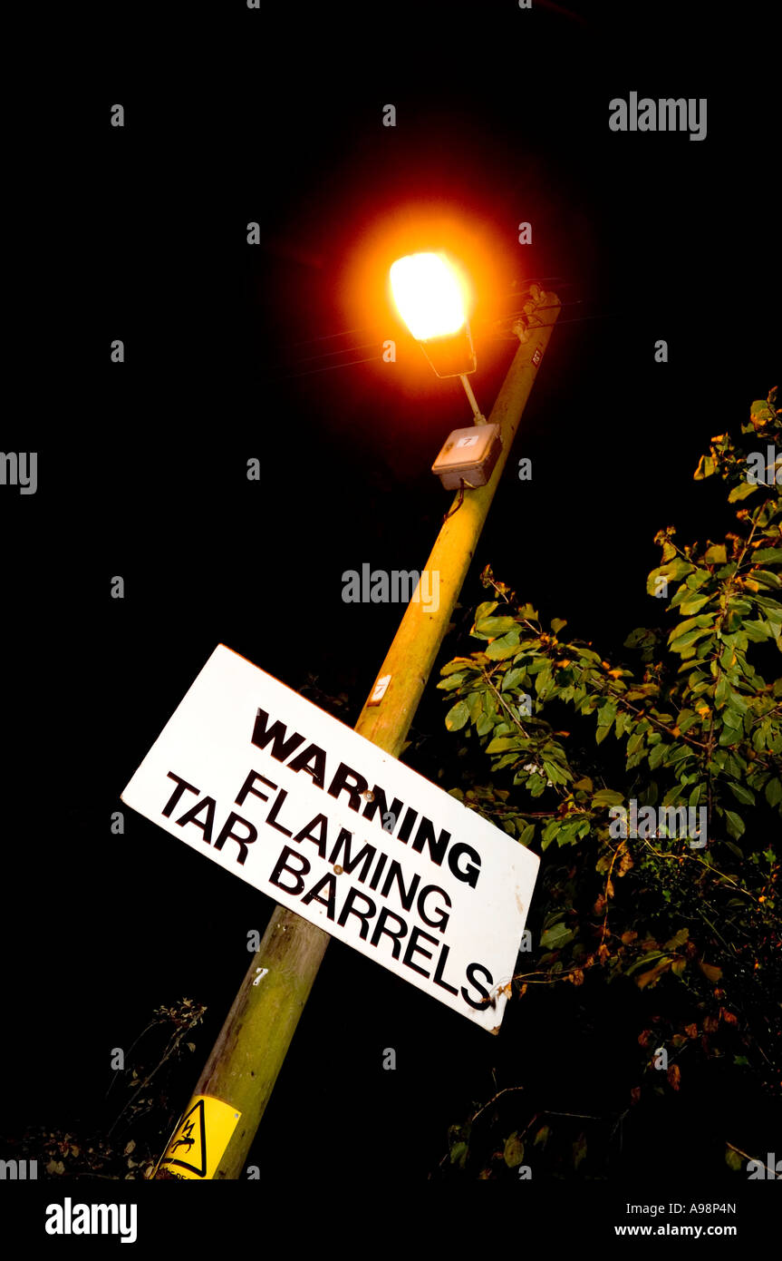 Warning sign for the Rolling of the Tar Barrels festival Ottery St Mary ...