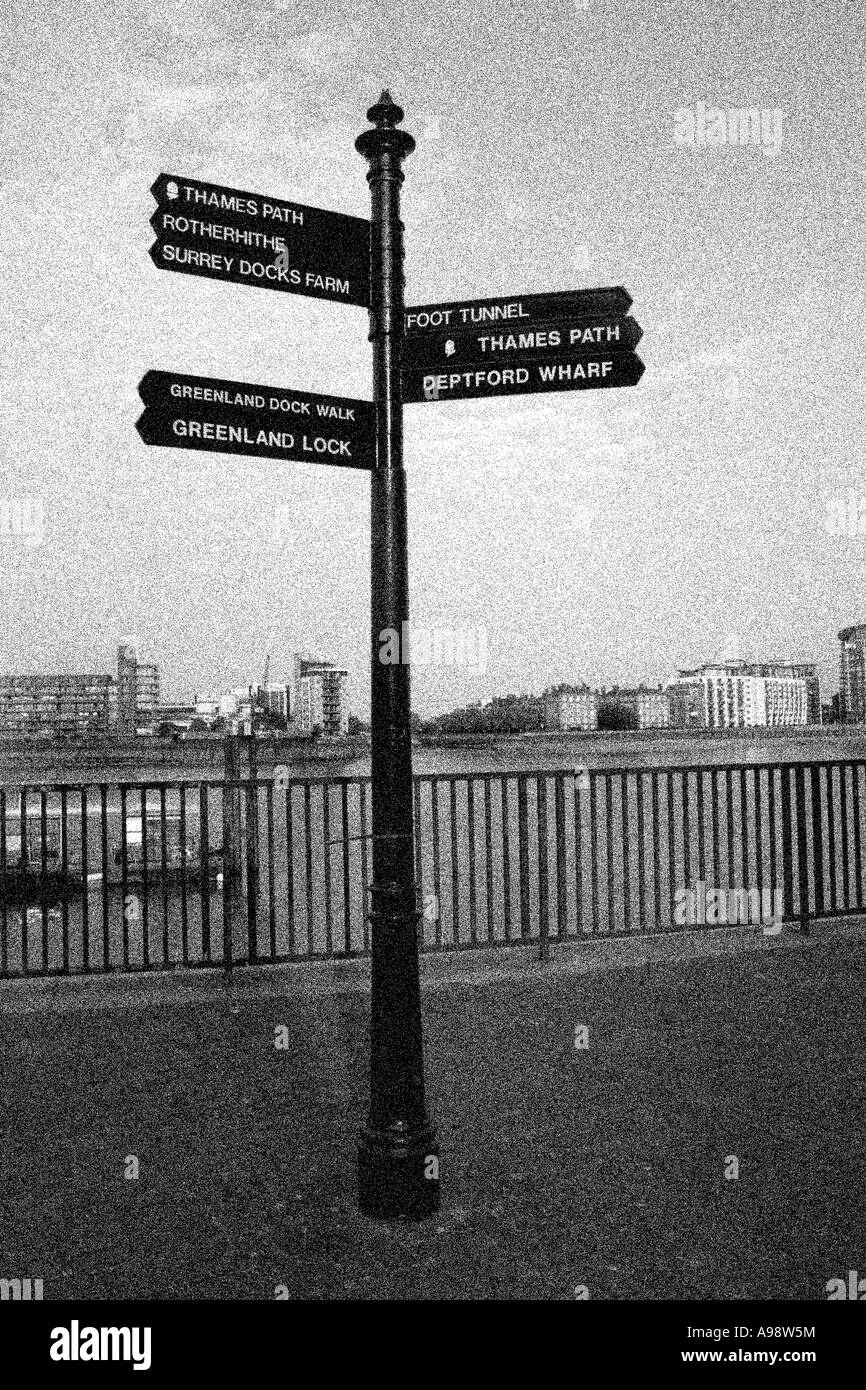 THAMES PATH SIGNPOST, situated at Greenland Pier. Image made monochrome ...