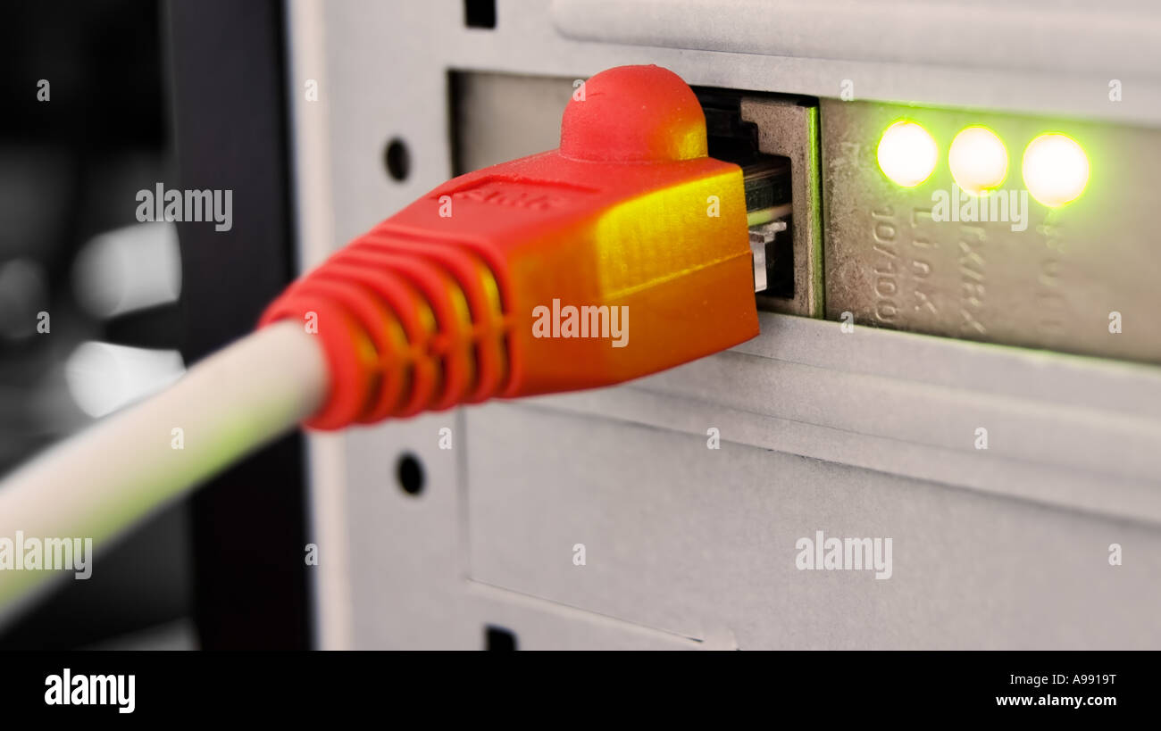 Network Cable pluged into ethernet card of personal computer Stock ...