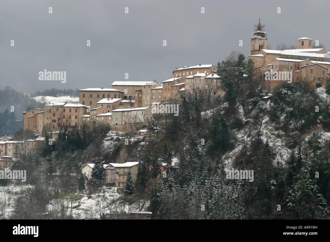 Historic hill town of Amandola in Le Marche Italy dusted with winter ...