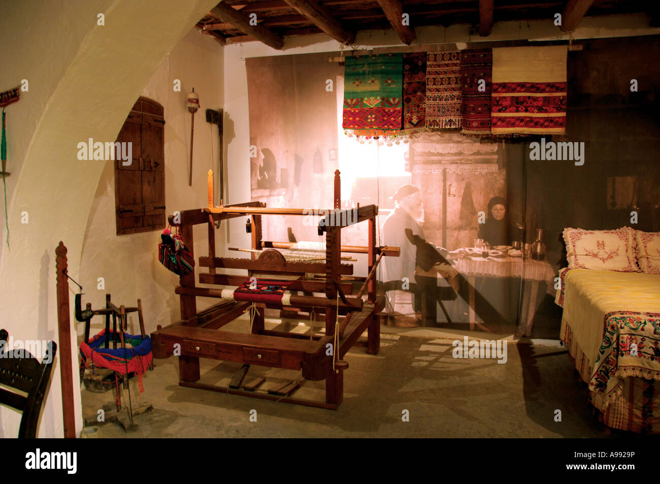 Traditional Greek one room home With loom and bed Crete Greece Stock ...