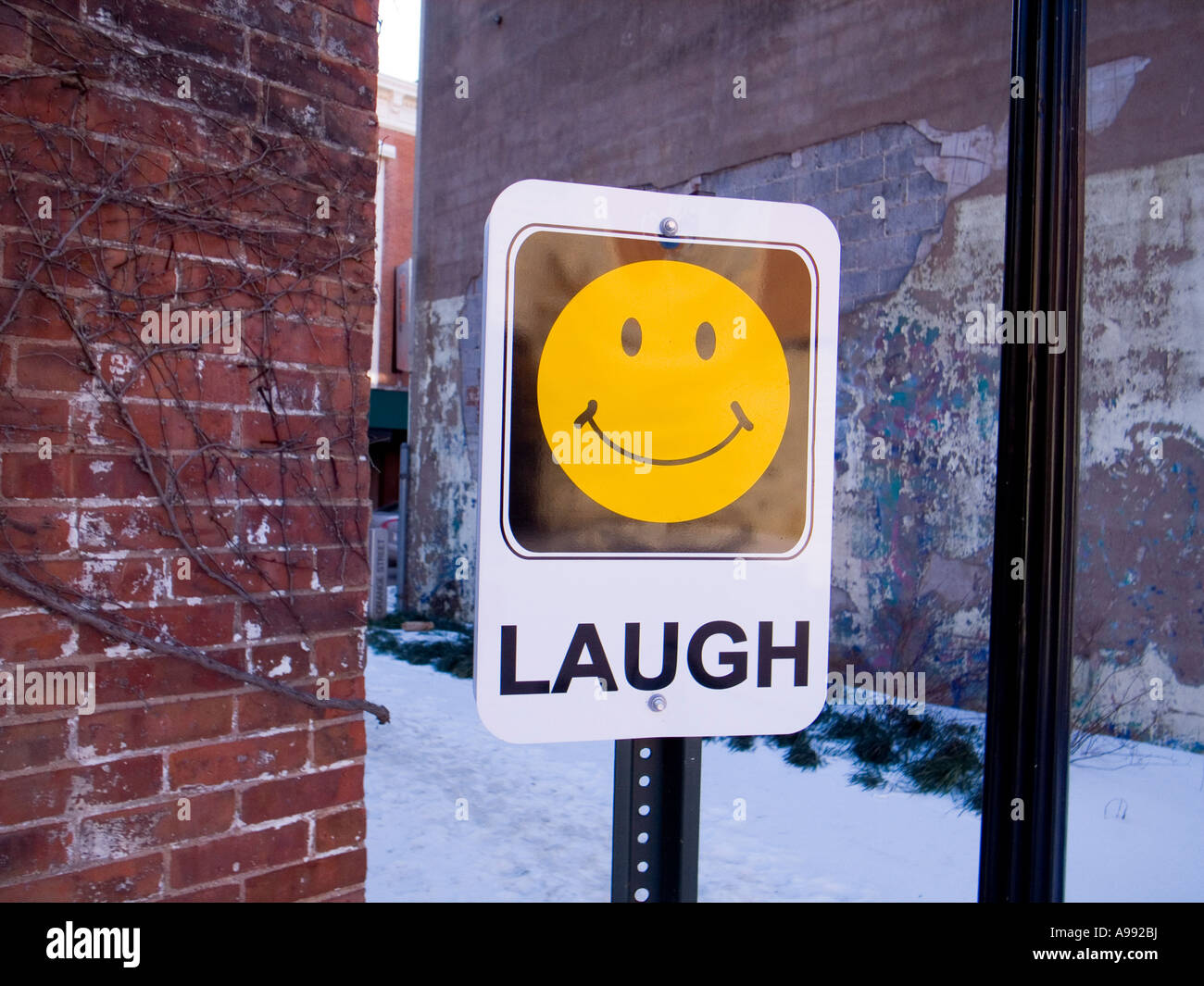 Conceptual laugh with smiling face sign outdoor artwork New Haven ...