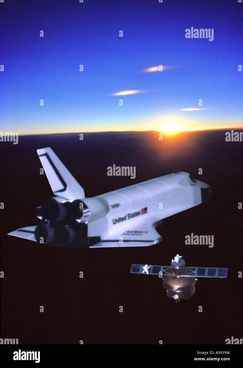 space shuttle Discovery in space showing astronauts working on a ...