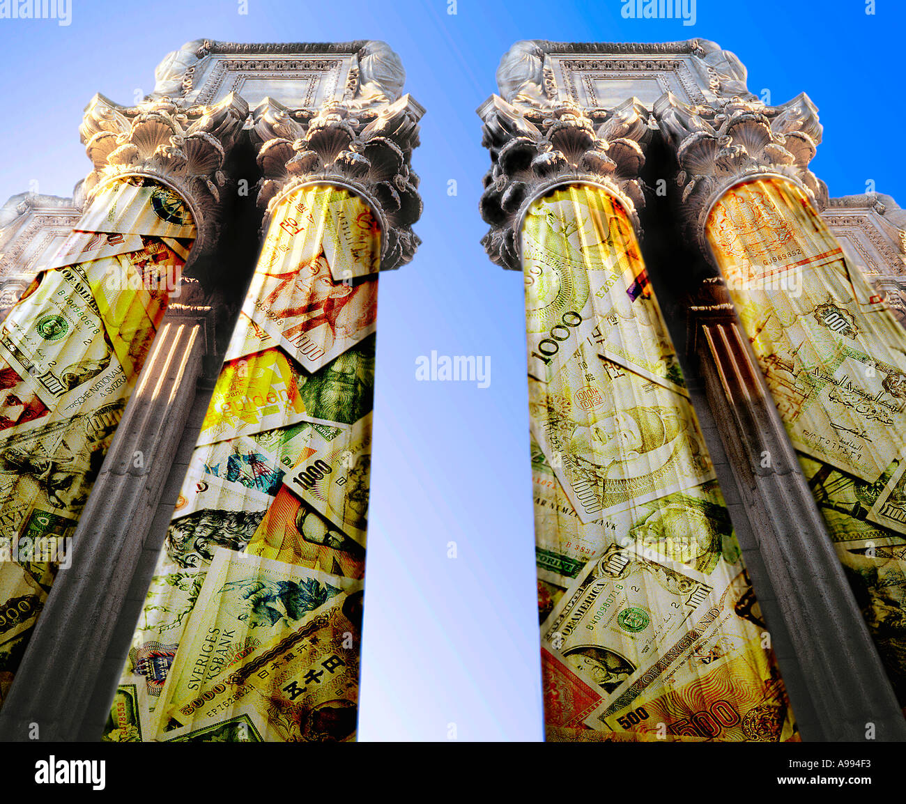 Computer generated image of columns with currency superimposed on the ...