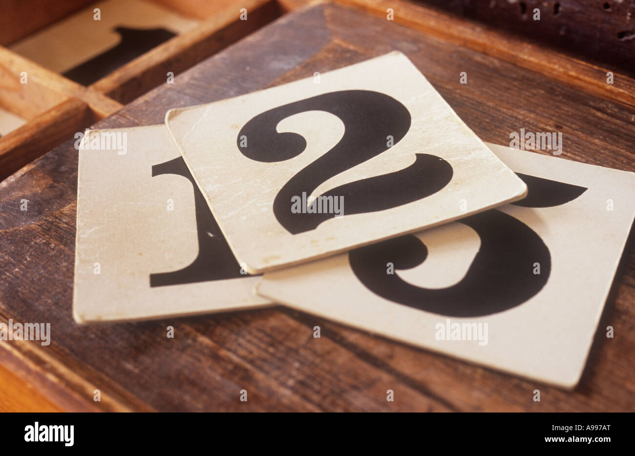 Old-fashioned numerals 1 2 5 printed in black on individual square ...